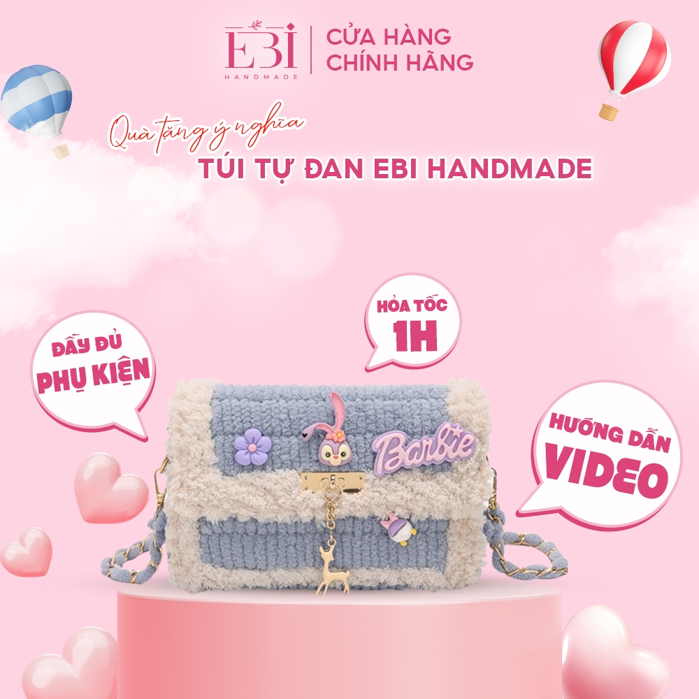 Túi tự đan EBI HANDMADE len viền xù mác nai mix hình charm thỏ barbie ...