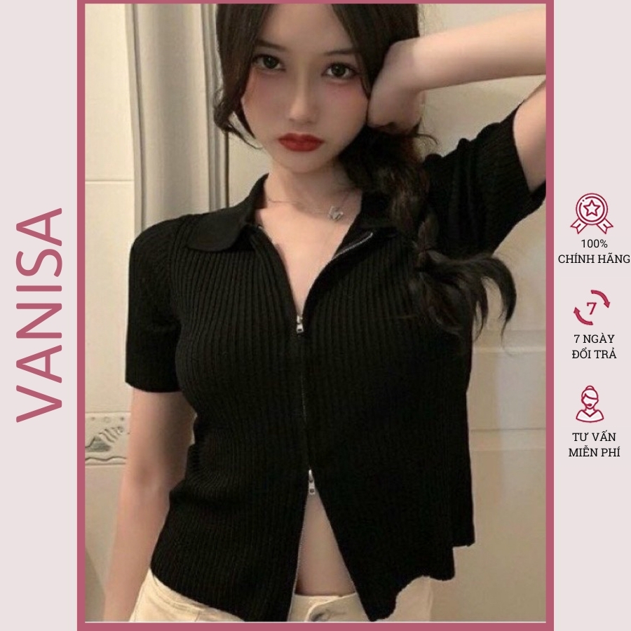 Áo croptop kéo khóa hai đầu thun gân kiểu ôm trắng đen VANISA CT004 | Shopee Việt Nam