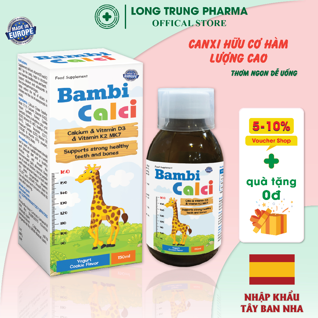 Canxi hữu cơ cho bé và cho bà bầu Bambi Calci - Giúp tăng triển chiều cao, dễ hấp thu, chai ...