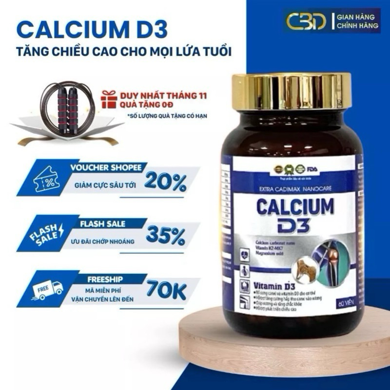 [Hộp 60 viên] Viên uống tăng chiều cao CALCIUM D3 bổ sung Canxi, giúp tăng chiều cao từ 8-27 ...