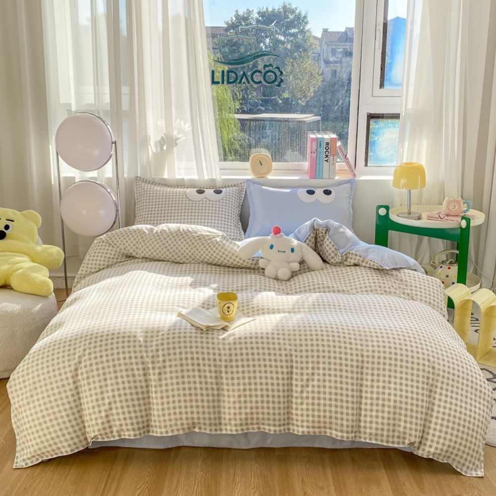 Bộ vỏ chăn ga gối cotton poly Lidaco decor phòng ngủ vintage - Mắt caro ...