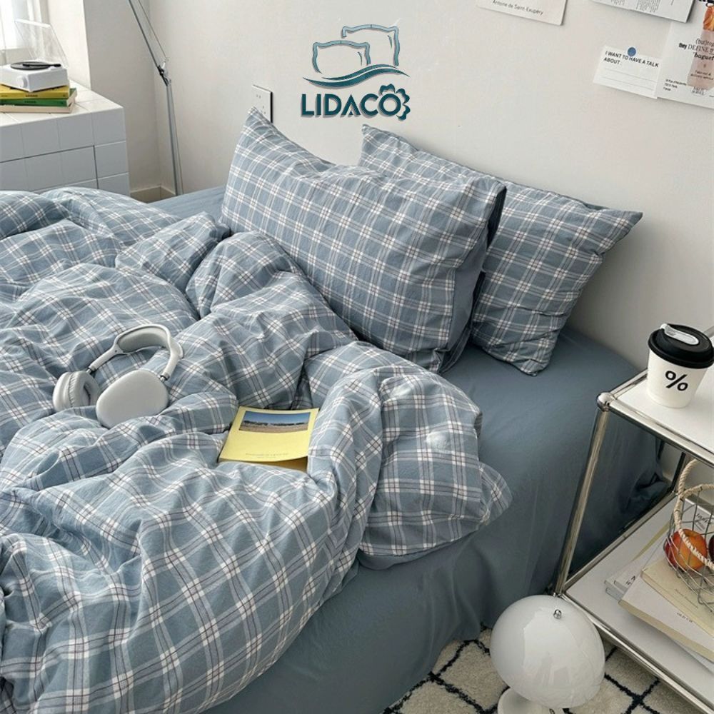 Bộ vỏ chăn ga gối cotton tici Karo kẻ sọc Lidaco cotton đũi trơn dày ...