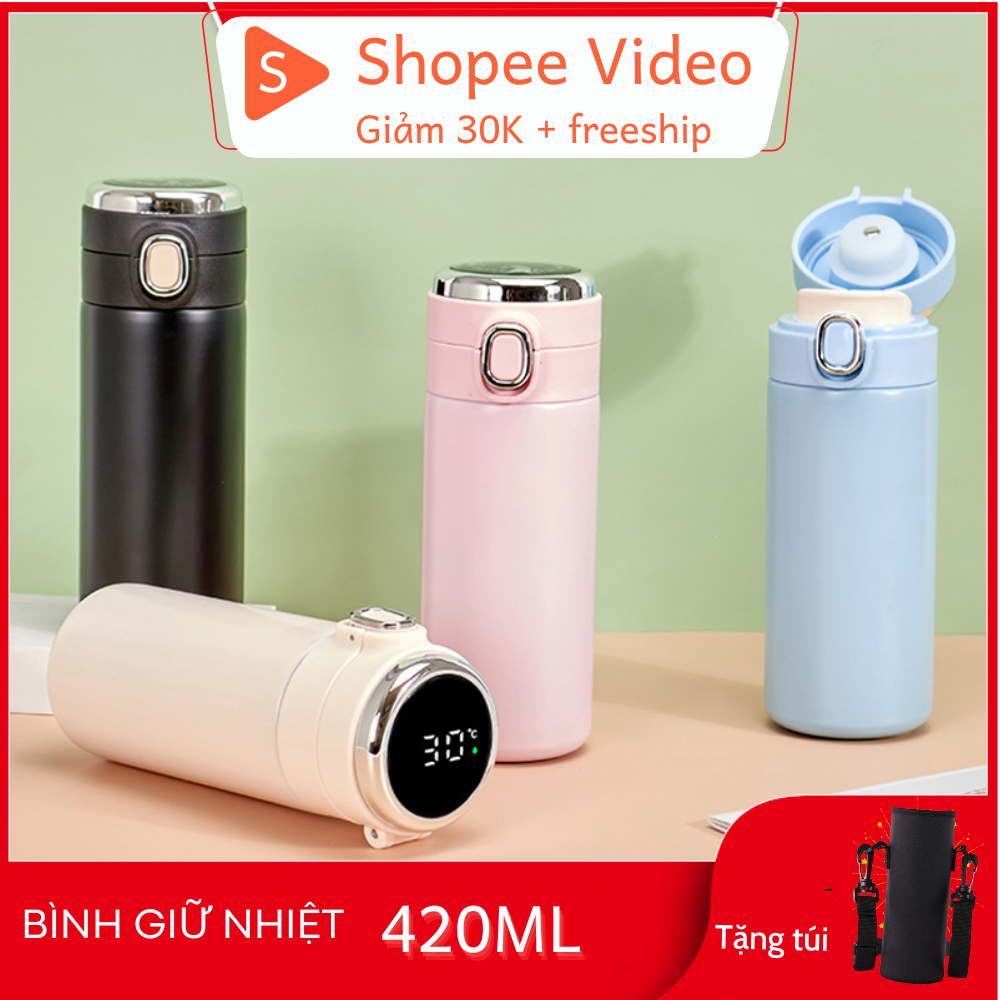 [ Giảm 30K ] Bình giữ nhiệt 420ml có báo nhiệt độ, lõi inox 304 5 lớp cách nhiệt, có 4 màu lựa ...