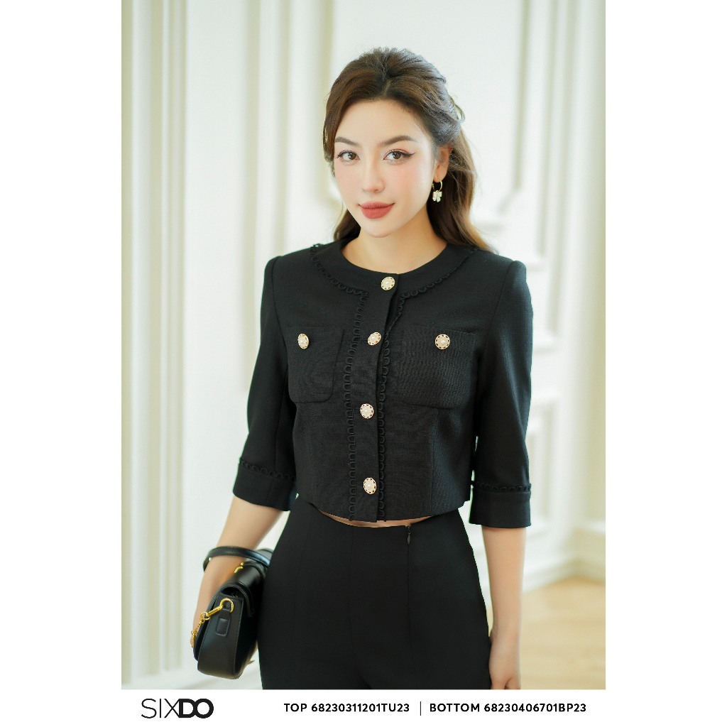 Áo vest đen nữ tay lửng SIXDO (Black Long Sleeves Cropped Raw Vest ...