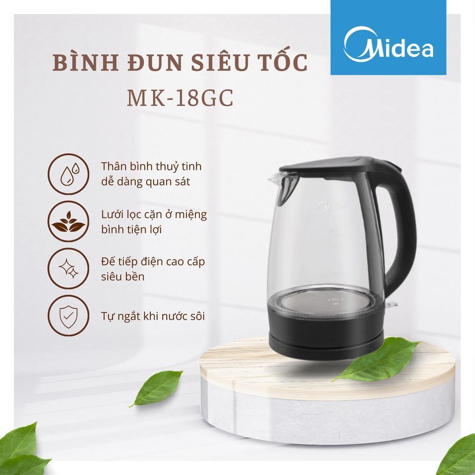 Ấm Siêu Tốc Thủy Tinh Midea MK-18GC (Bình Siêu Tốc, Ấm Đun Siêu Tốc Dung Tích 1.7L, Công Suất ...
