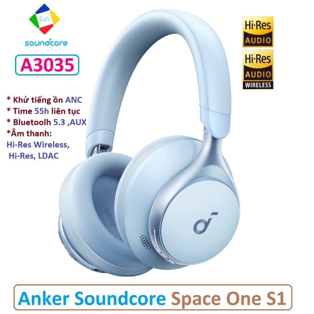 Tai nghe Anker Soundcore Space One A3035 | Bluetooth 5.3 AUX | Khử ồn chủ động ANC | Hi-Res ...