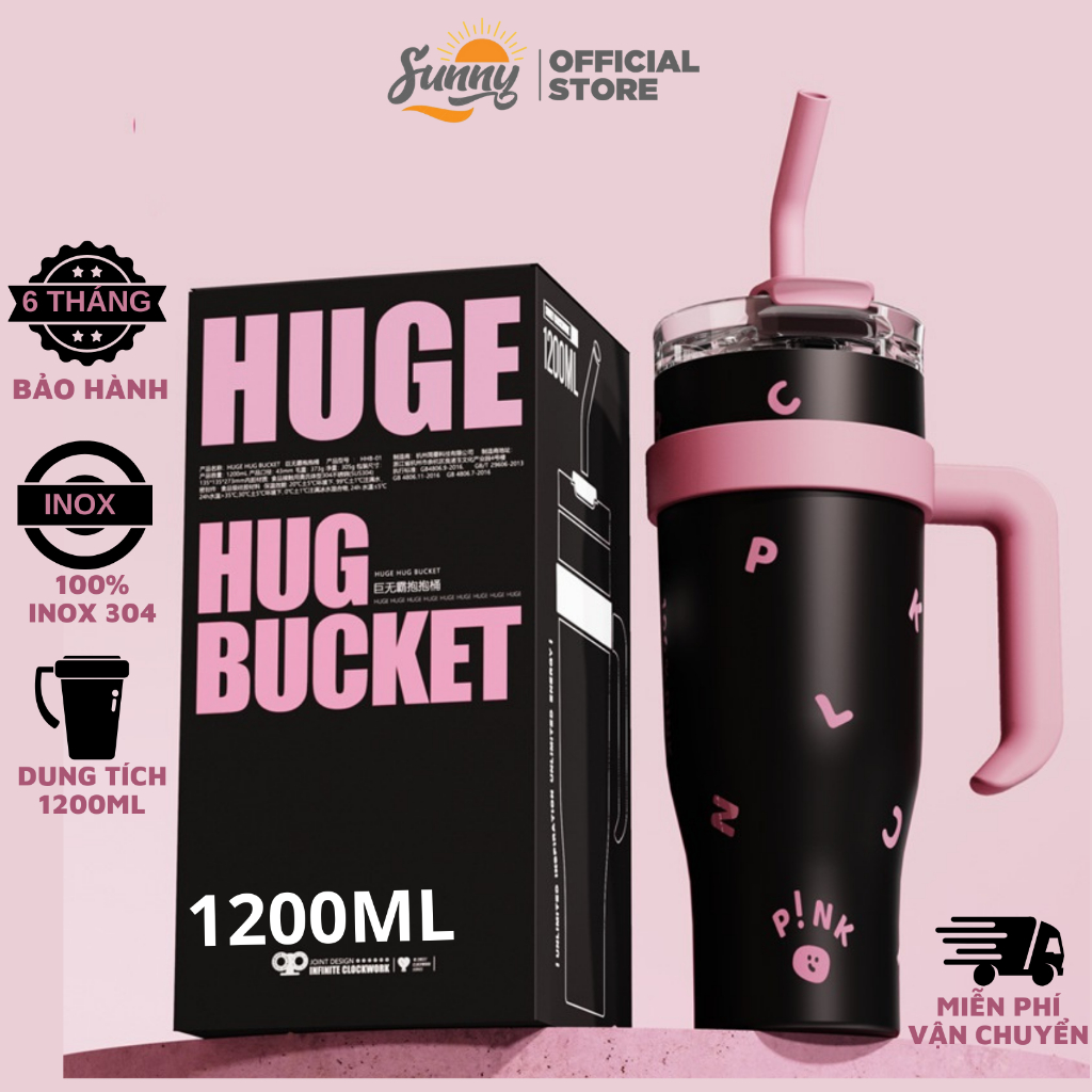 Bình nước giữ nhiệt ĐEN/HỒNG 1200ml chất liệu inox 304 kèm ống hút ...