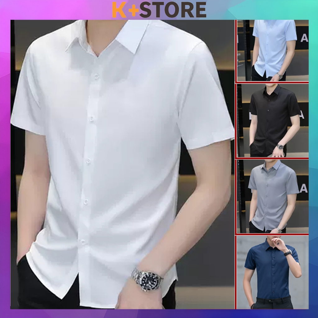 Áo sơ mi nam tay ngắn, chất liệu lụa trơn mềm mát | Shopee Việt Nam