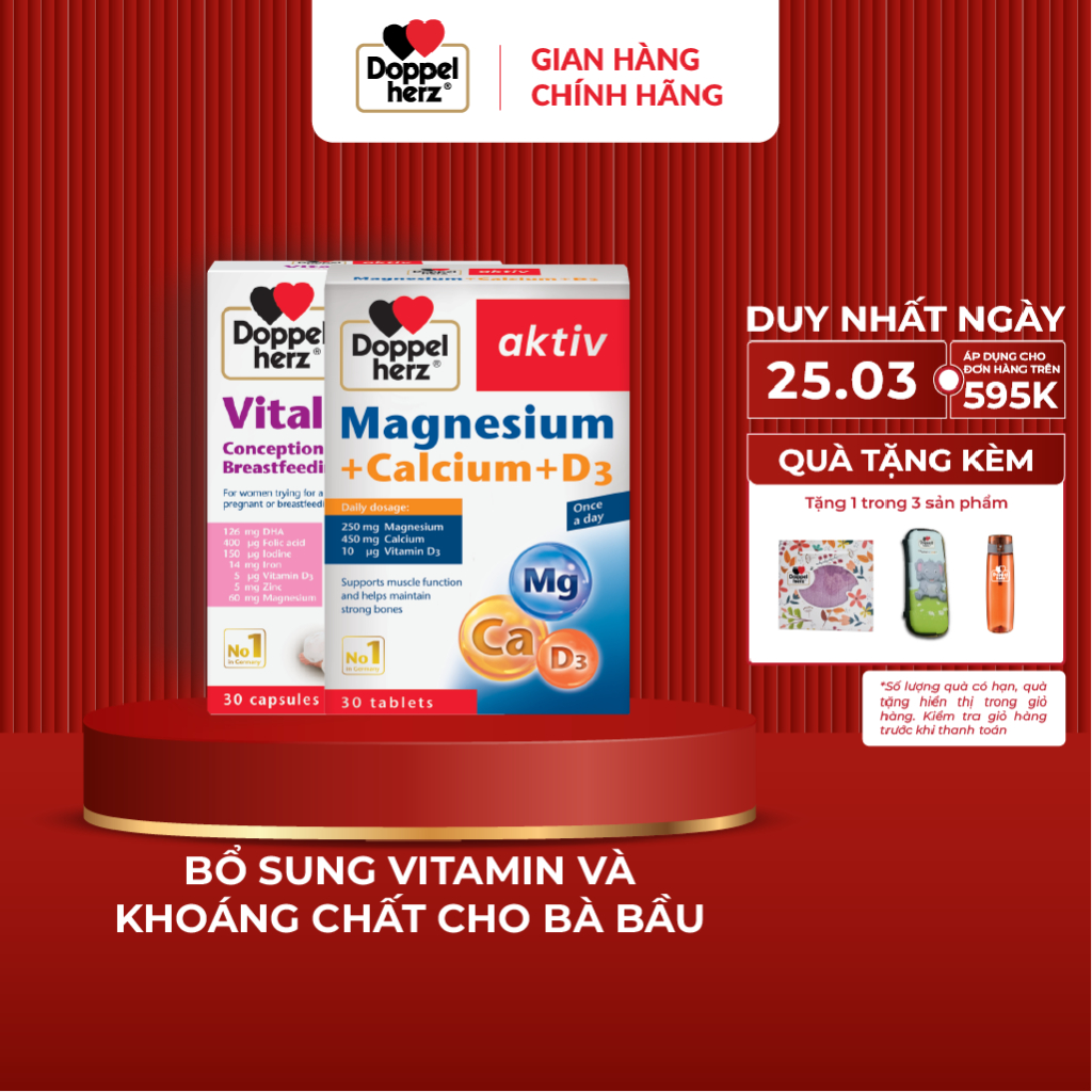 Bộ đôi dưỡng thai bổ sung canxi, Vitamin tổng hợp, DHA cho mẹ bầu Doppelherz Vital Pregna + Mg ...