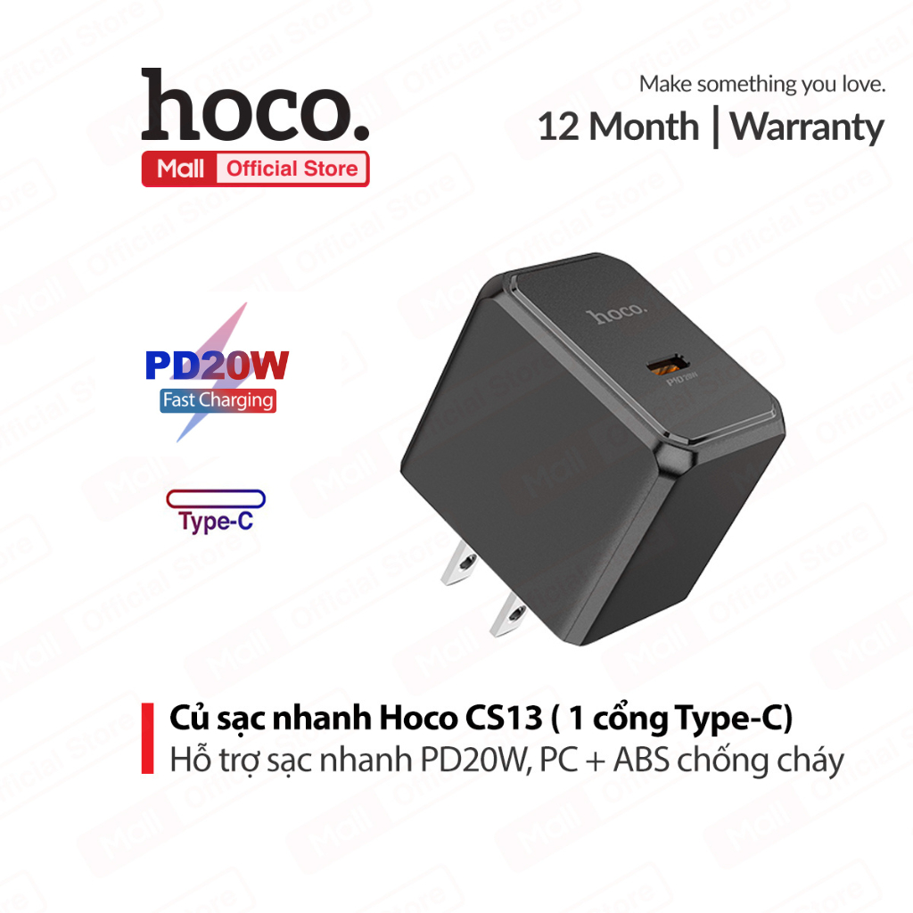 Củ sạc nhanh Hoco CS13 PD20W 1 cổng Type-C , ABS + PC chống cháy, chân ...