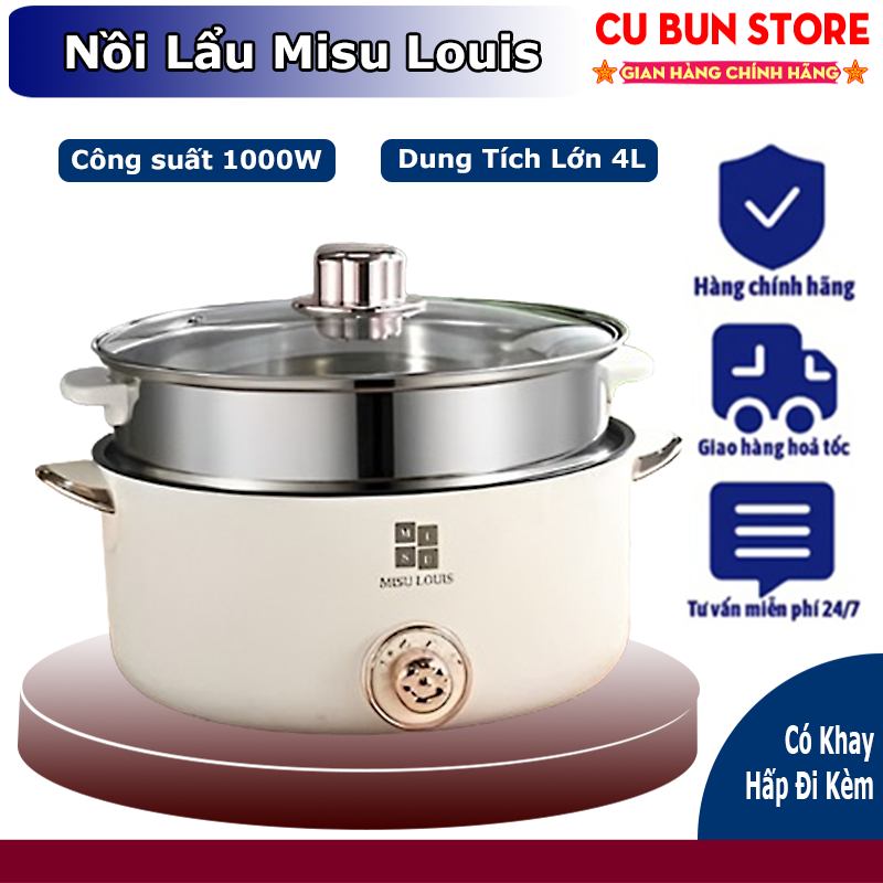 Nồi lẩu điện MISU LOUIS kèm xửng hấp dung tích 4L chống dính nướng ...