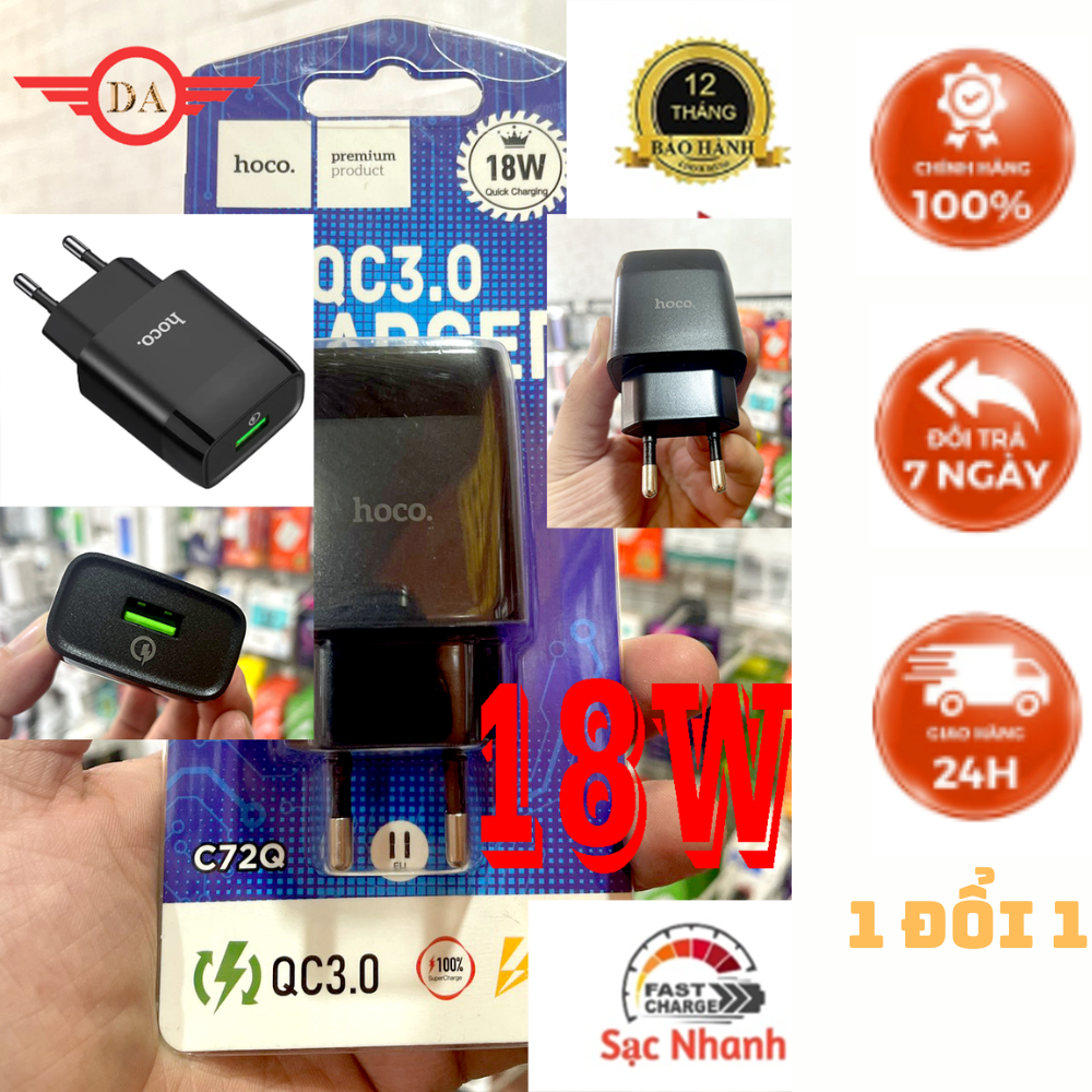 Củ sạc nhanh Hoco C72Q cổng usb sạc nhanh dòng 3A, PD 18W, tương thích ...
