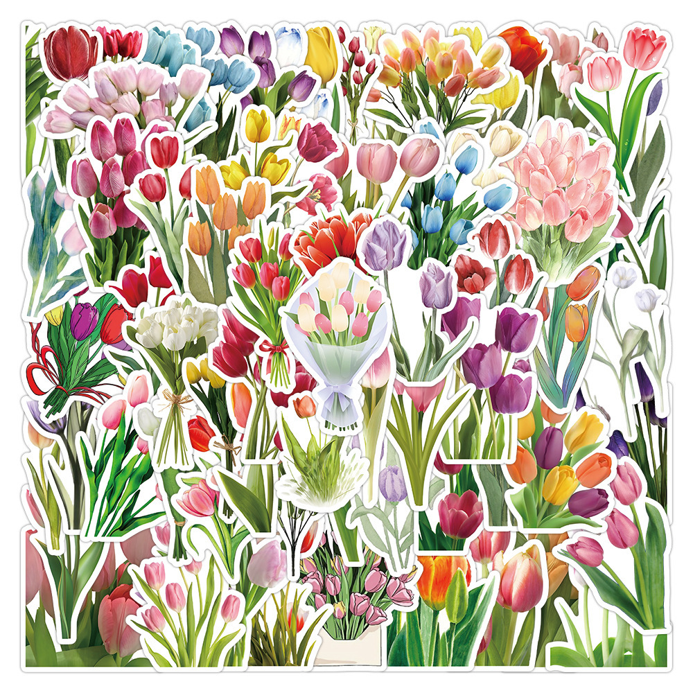 Set 50 chiếc sticker chống nước NHÁNH HOA TULIP RỰC RỠ NHIỀU MÀU DỊU ...