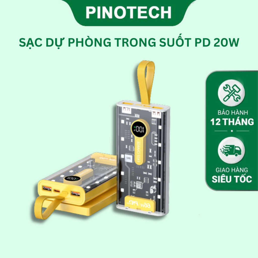 Sạc Dự Phòng Trong Suốt 10000 - 20000mAh PINOTECH TZ07 Với 2 Cổng Sạc ...