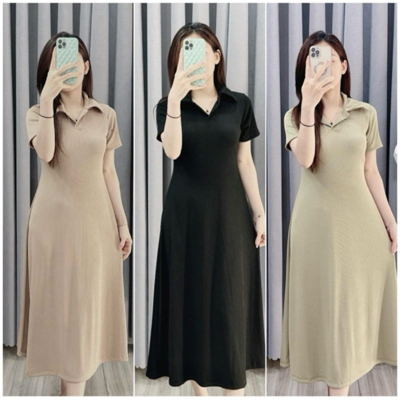 V799 Váy Thun Tăm Cổ Sơ Mi Dáng Ngắn - Dài , Váy Nữ Tay Ngắn Siêu Phẩm ...