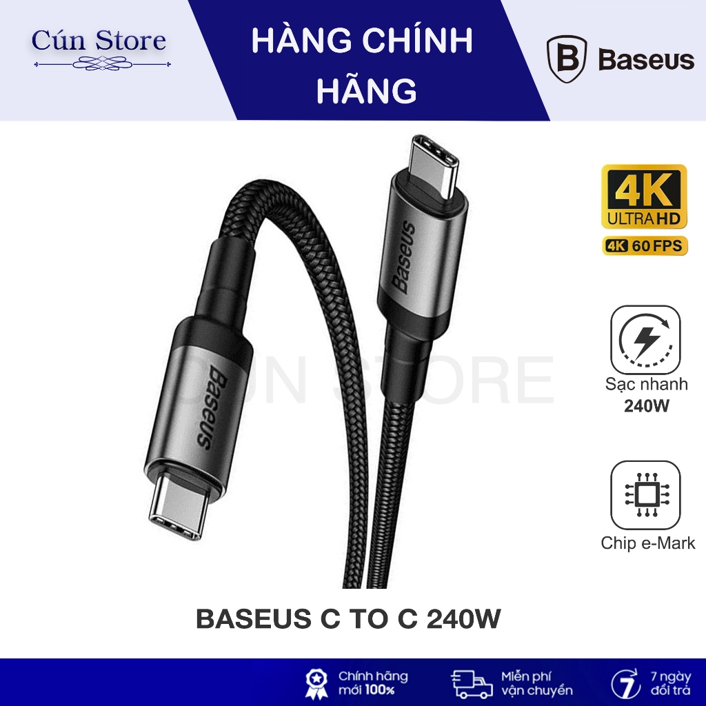 Cáp sạc nhanh Baseus Type C to C 240W, truyền dữ liệu 20Gbps, xuất màn hình 4K60 FPS, bọc dù dài ...