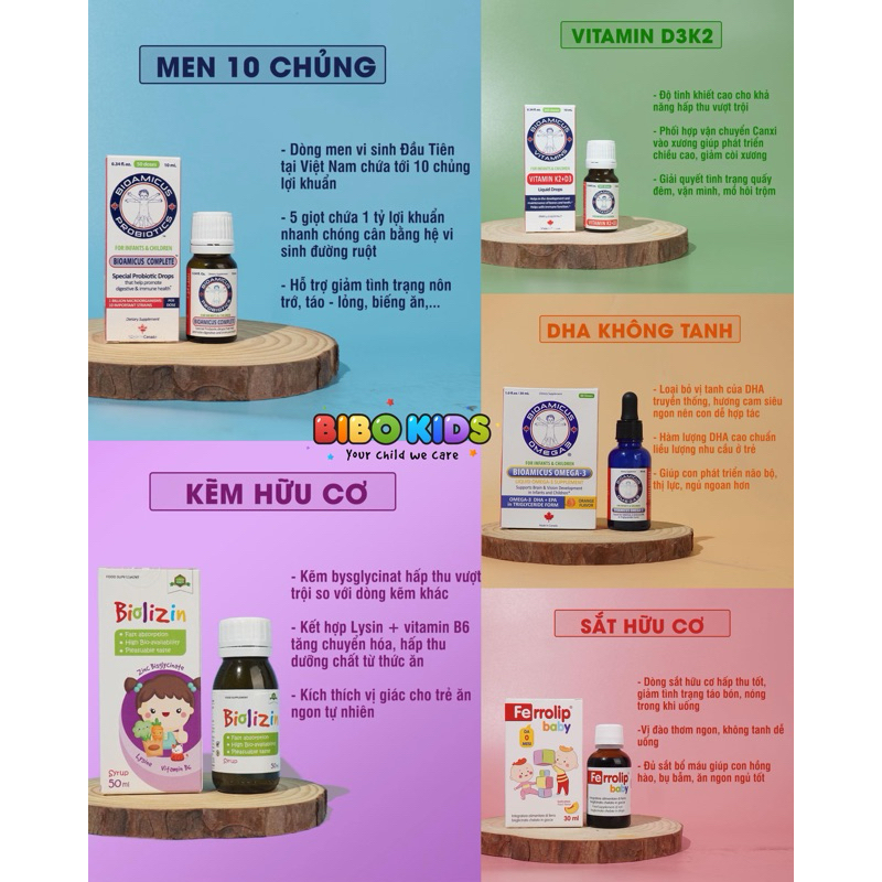 (Kèm quà) Bộ sản phẩm men vi sinh, d3k2, kẽm, dha, sắt Bioamicus Nhập ...
