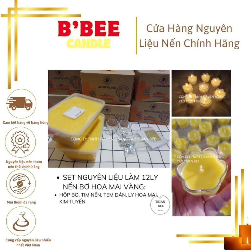 Combo 23: Nguyên liệu làm 12 ly nến bơ không mùi B'Bee, ly thủy tinh ...