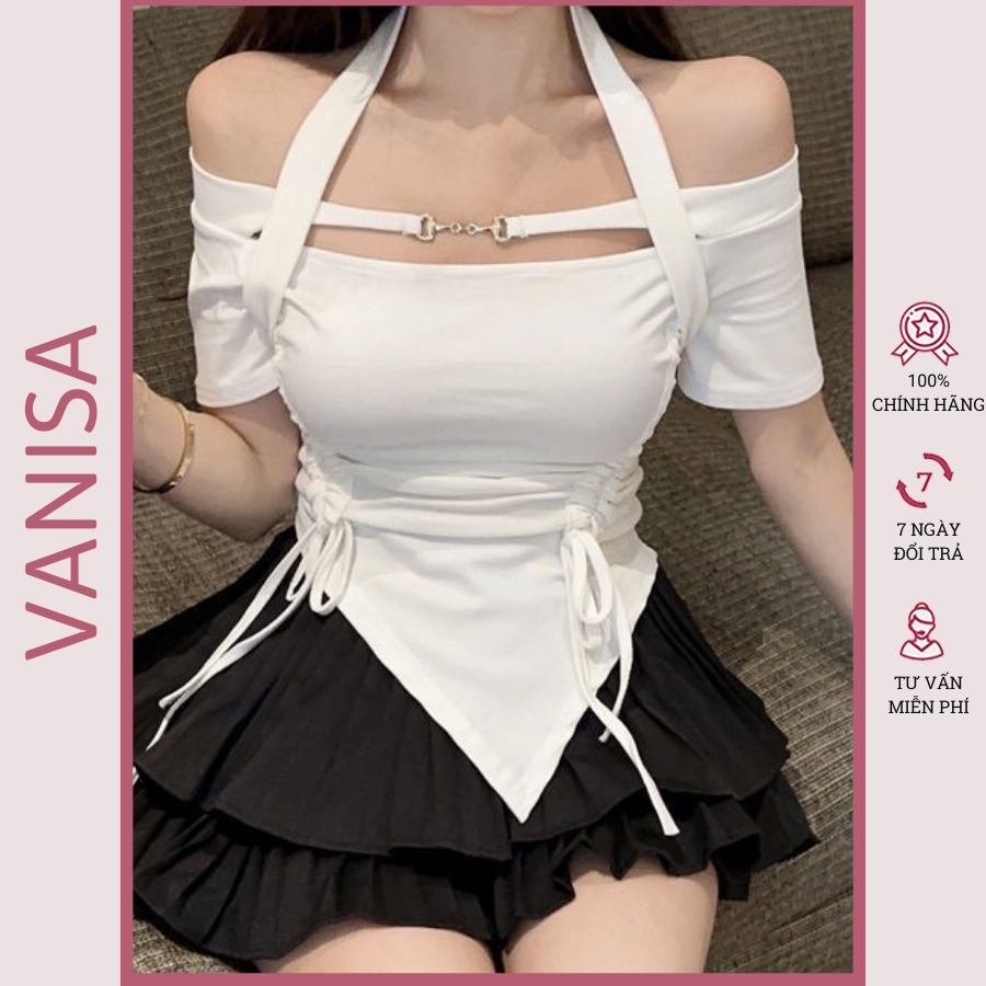 Áo croptop kiểu trễ vai tròng cổ kiểu mới thun gân chocker rút dây ...