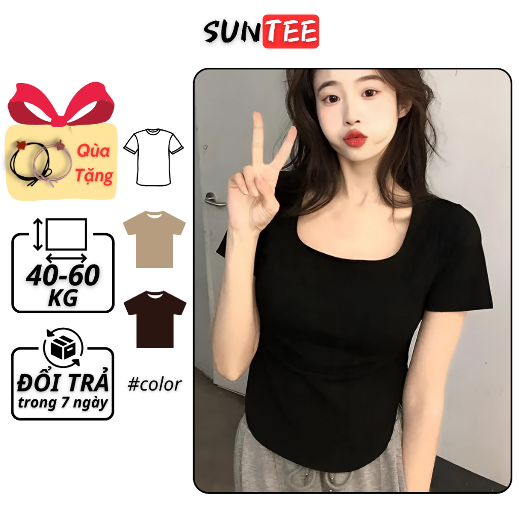 Áo thun nữ SUNTEE kiểu phông tay ngắn cổ vuông 3 màu trắng đen nâu vải cotton trơn co giãn ...