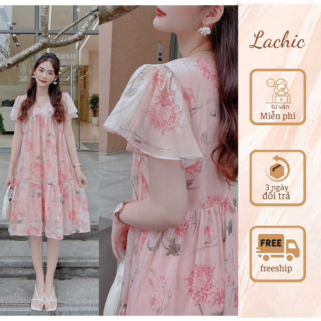 Váy bầu dáng suông babydoll họa tiết hoa cúc hồng thiết kế Lachic v36 | Shopee Việt Nam