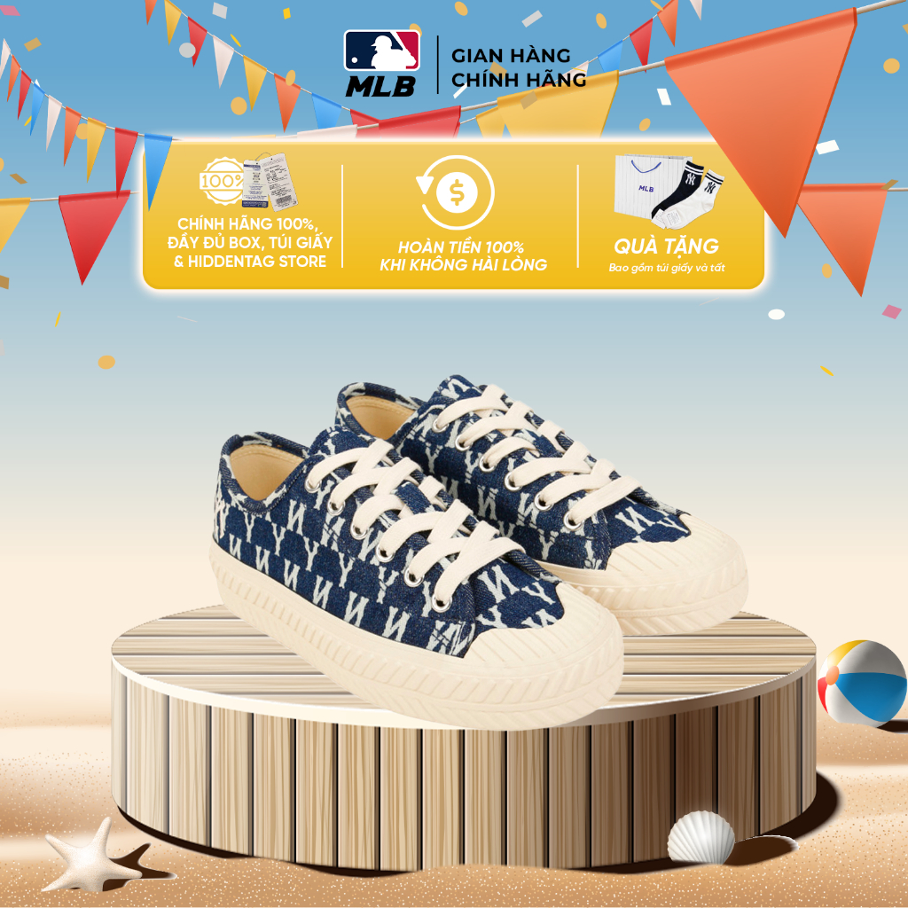 Giày MLB Playball Monogram xanh đậm chính hãng, giày bánh mì MLB logo ...