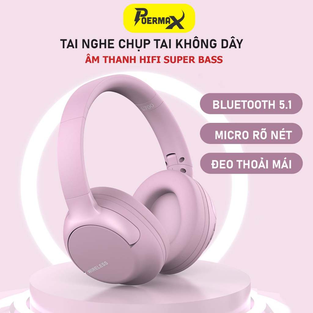 Tai nghe chụp tai không dây bluetooth Poermax L700 cách âm giảm tiếng ồn thông minh và có mic hỗ ...