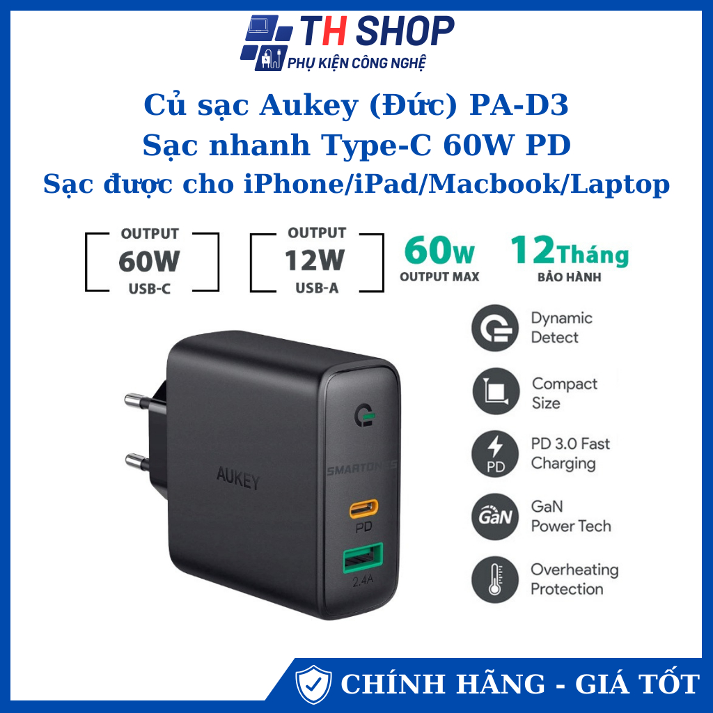 Củ Sạc Nhanh 60W Aukey PA-D3 , 2 cổng USB 12W + Type C 60W | Shopee Việt Nam