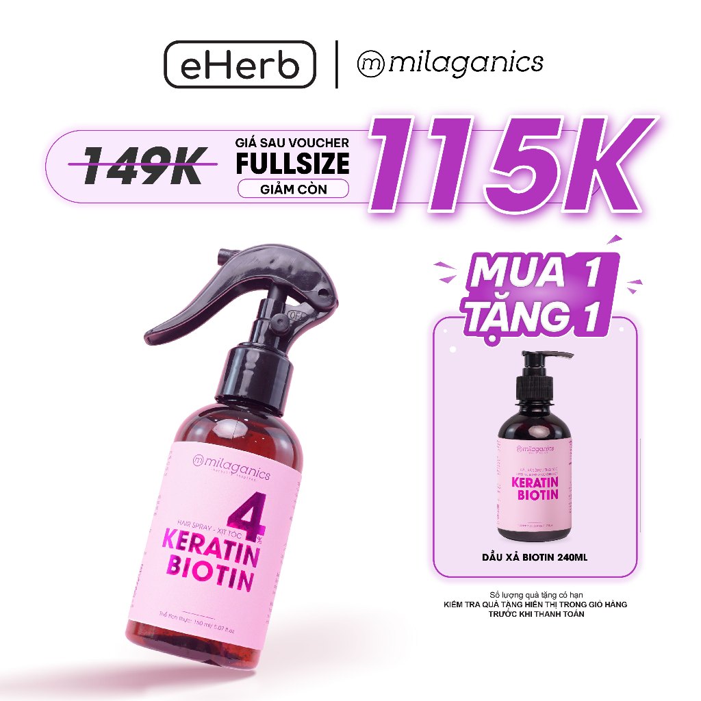 [MUA 1 TẶNG 1 ] Xịt dưỡng tóc Biotin & Keratin phục hồi tóc, tăng cường mọc tóc MILAGANICS 150ml ...