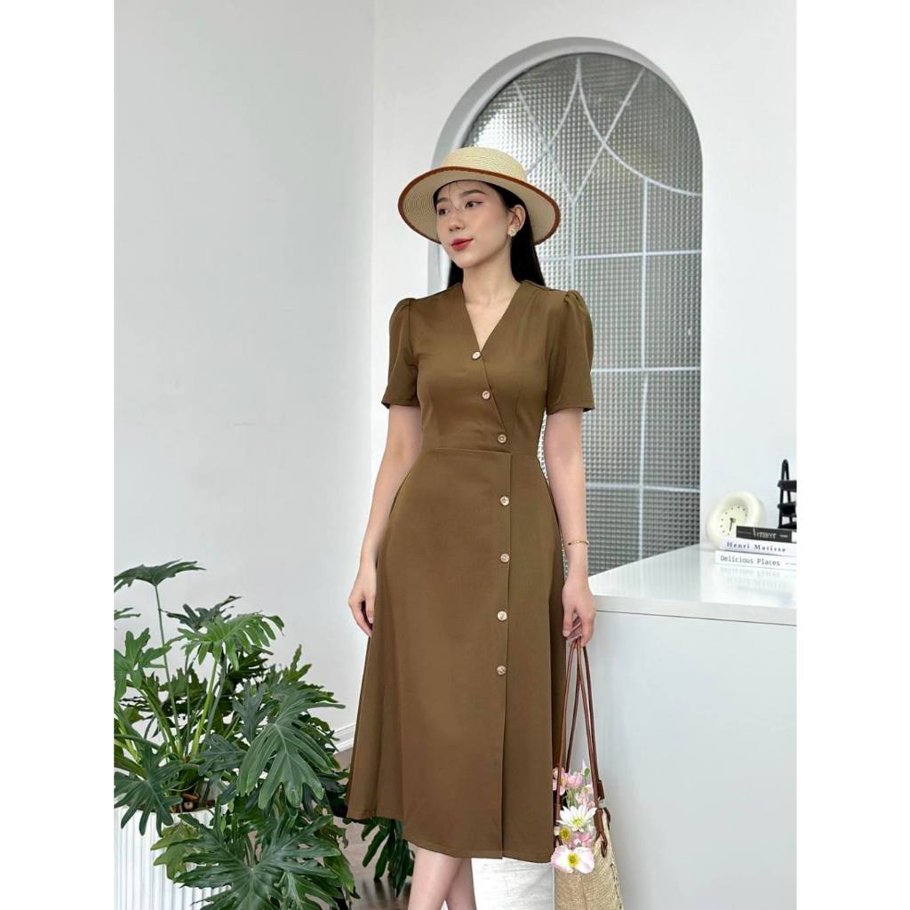 Váy công sở cổ chữ V phối khuy dáng dài form chữ A mặc đi làm công sở U ...