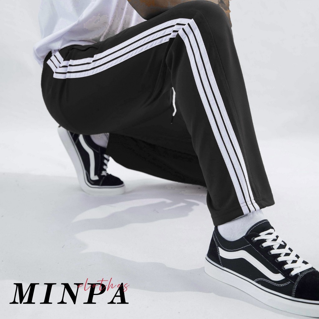 Quần 3 sọc thể thao ống rộng màu đen quần thể dục học sinh cấp 1 2 3 kẻ ba sọc trắng chất poly ...