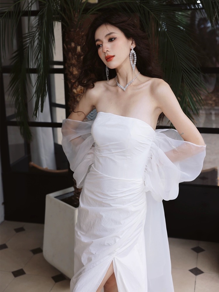 Đầm thiết kế dự tiệc, đầm xẻ tà, tay bồng phù hợp đi tiệc, du lịch Queenie Luxe | Shopee Việt Nam