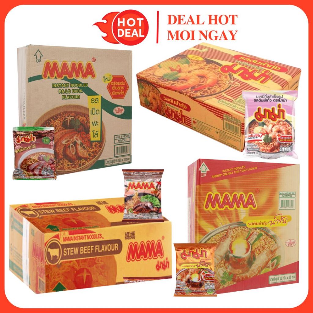 Thùng 30 Mì Mama Thái Lan Tom Yun/Vịt Tiềm/Heo Bằm/Sốt Kem (60G x 30 ...