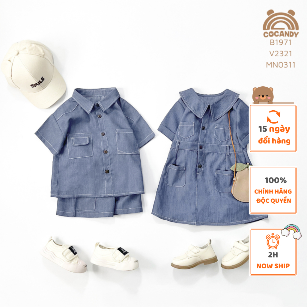 Đồ đôi cho bé -Bộ cộc XANH chỉ TRẮNG COCANDY và Váy cộc XANH DƯƠNG 4 ...