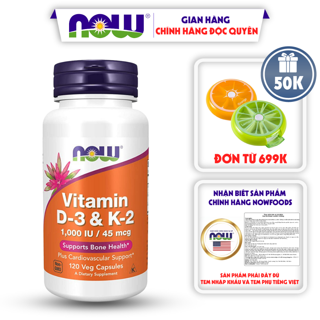 Viên uống Now Vitamin D3 K2 1000 IU 45 mcg của Mỹ hỗ trợ cho xương chắc khỏe 120 viên | Shopee ...