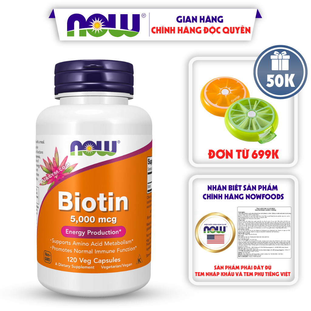 Viên uống Now Biotin 5000mcg giảm rụng tóc gãy tóc giúp trắng da 120 ...