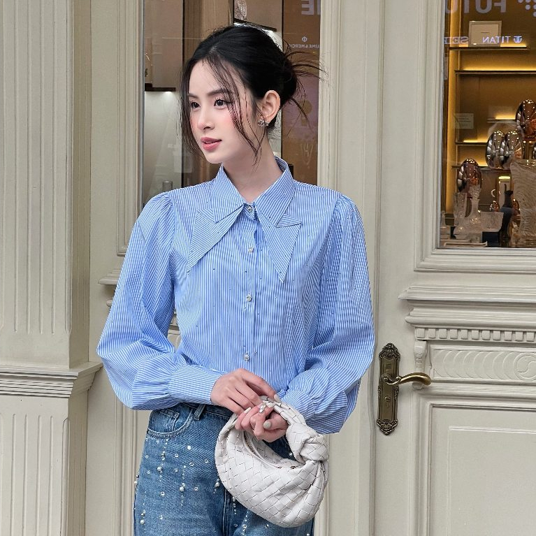Áo Sơ Mi Thiết Kế Kiểu Nữ Form Vừa Cổ Nhọn Tay Bồng Dài Đính Đá Trắng ...
