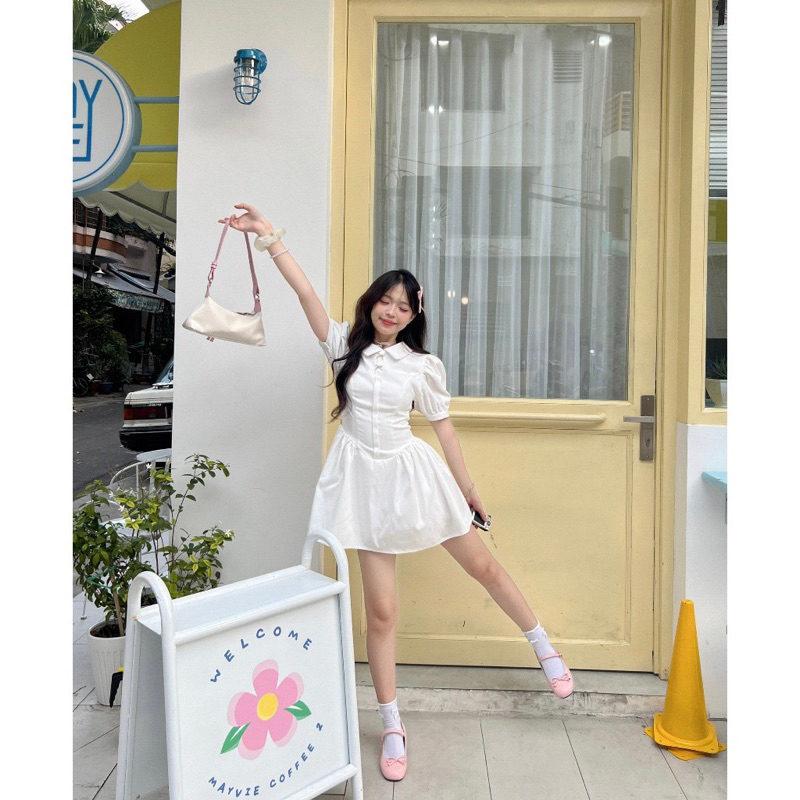 [Hàng loại 1] Đầm cổ sen đính nơ đá tay phồng tùng xoè DORIS | Shopee ...