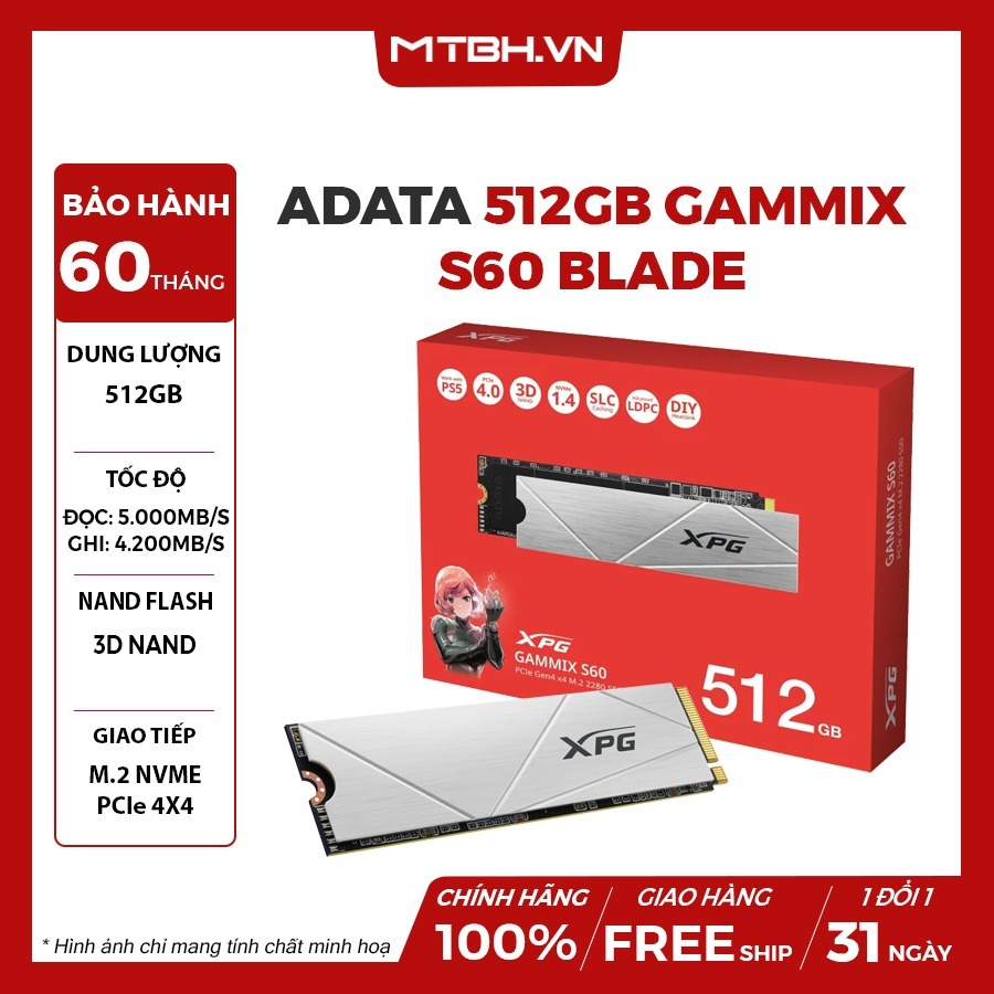 SSD Adata 512GB Gammix S60 Blade M.2 Pcie Gen 4 Nvme (Đọc:5000Mb/S ...