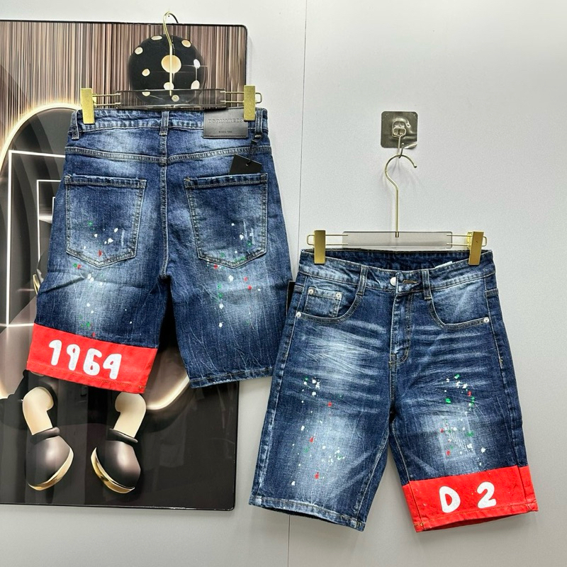 Quần short bò ngố nam DSQ xanh trơn vảy sơn phối 1 bên ống in vạch đỏ ...