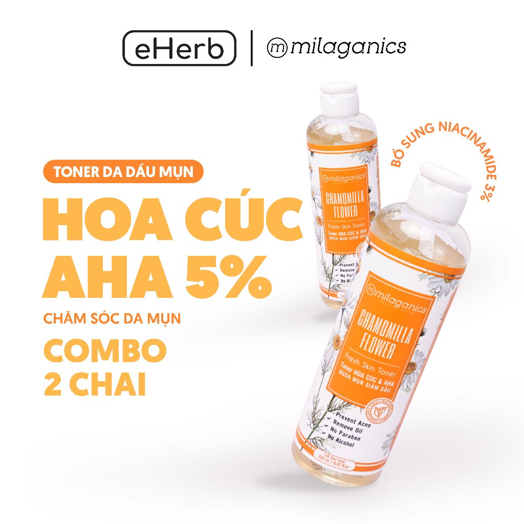 Combo 2 toner MILAGANICS - Hoa cúc & AHA 5%, ngừa mụn, giảm dầu cho da ...