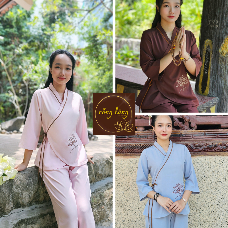 Bộ pháp phục đồ lam đi chùa vạt chéo may dính liền, vải lụa kate Hàn co ...