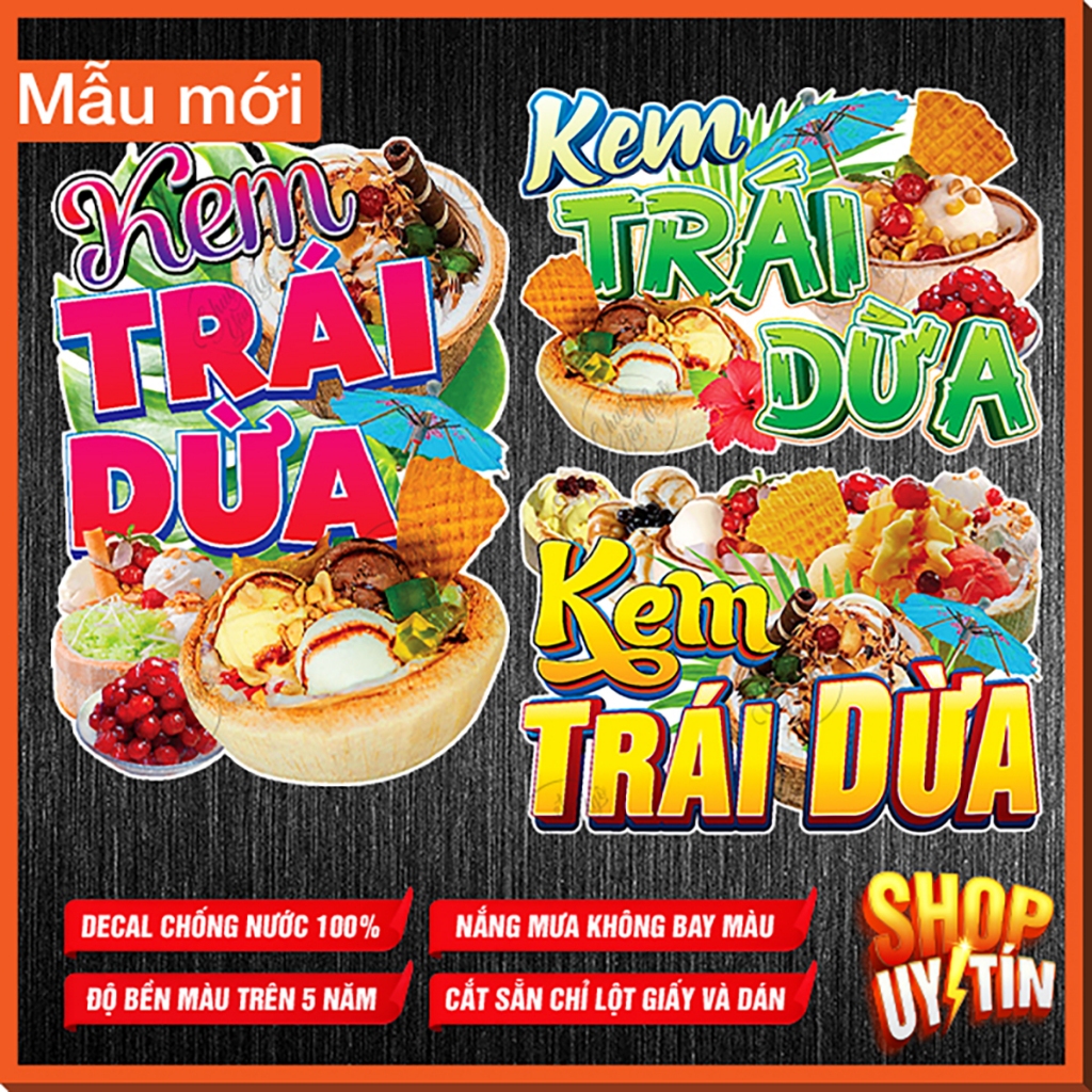 Miếng dán KEM TRÁI DỪA trang trí xe đẩy decal sticker quán trà sữa cà ...