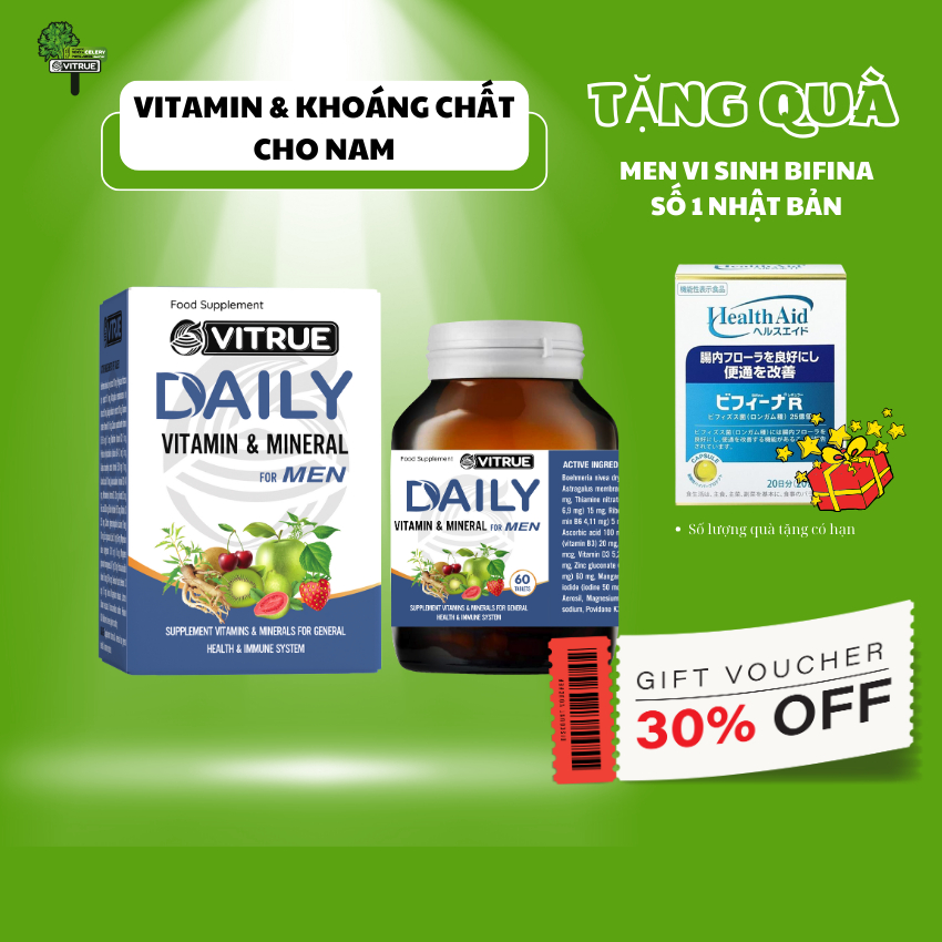 [HỘP 60 VIÊN] Viên Vitamin cho nam giới Vitrue DAILY VITAMIN & MINERA ...