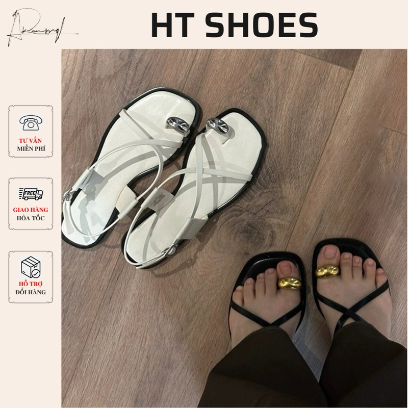 Dép Sandal Z xỏ ngón đính hoạ tiết mũi vuông quai mảnh chéo đế bệt hai màu dễ phối đồ mùa hè ...