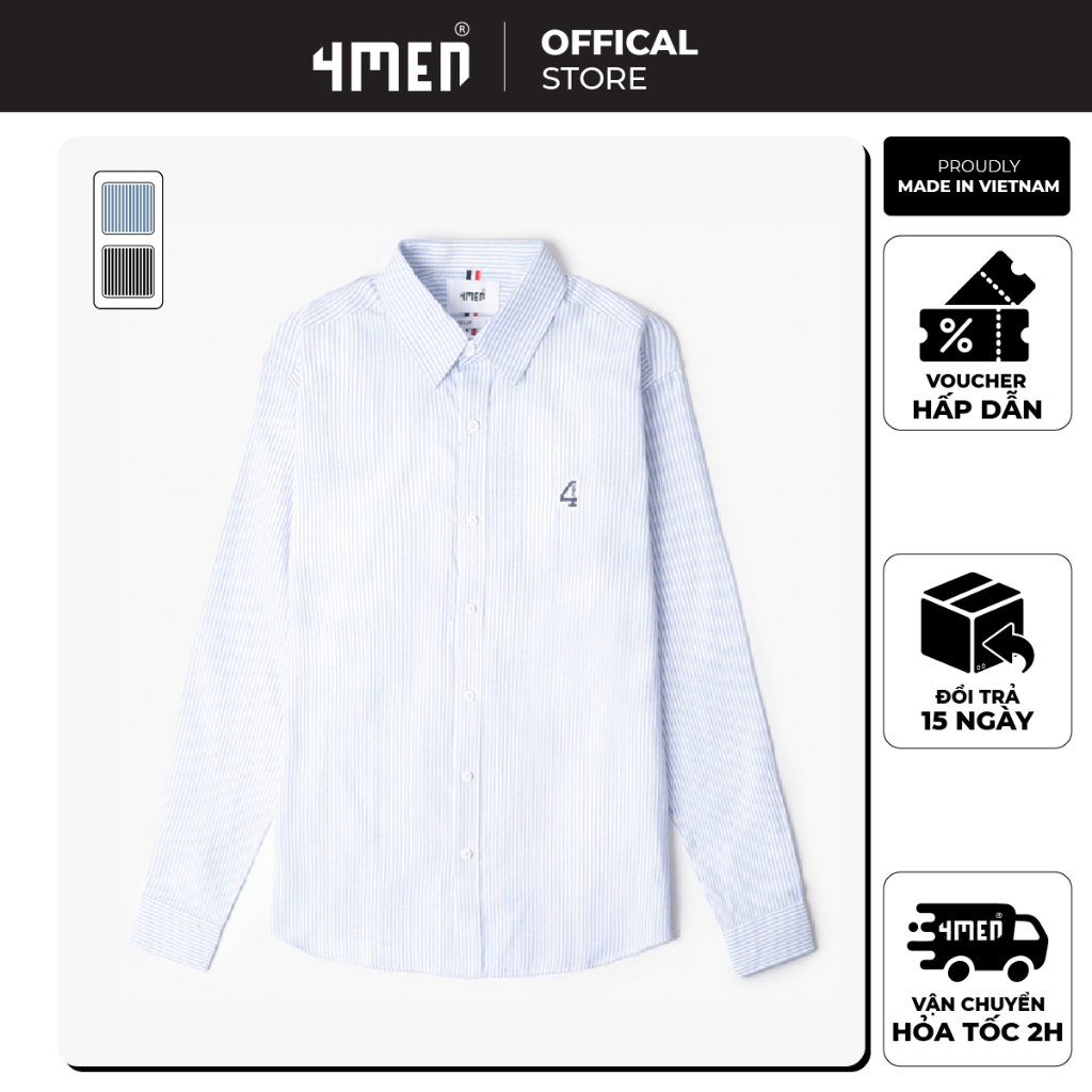 Áo sơ mi sọc tay dài thêu 4MEN form Regular SM141 sọc xanh, sọc đen thanh lịch, chất vải oxford ...