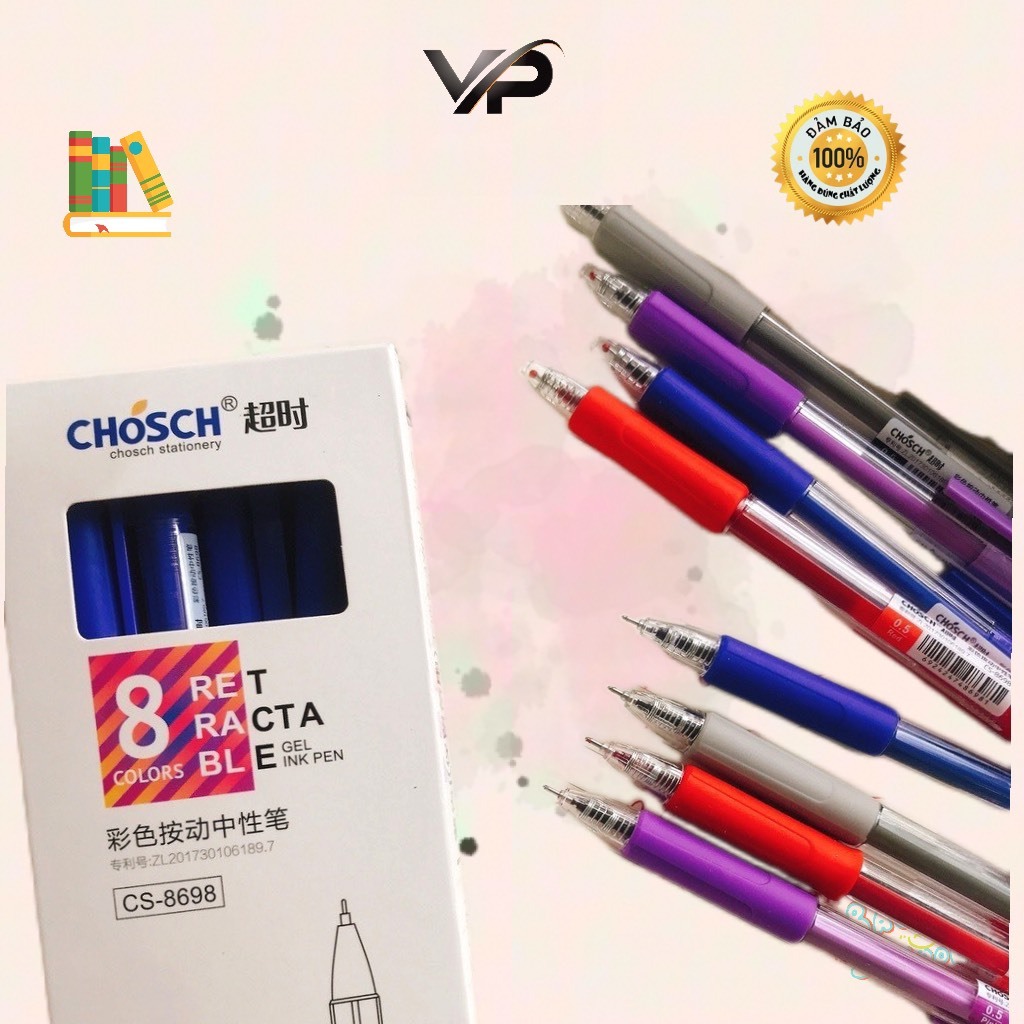 Hộp 12 cây bút viết gel nước bấm Chosch CS-8698 / 8698 nhiều màu xanh / tím / đỏ / đen ngòi 0 ...