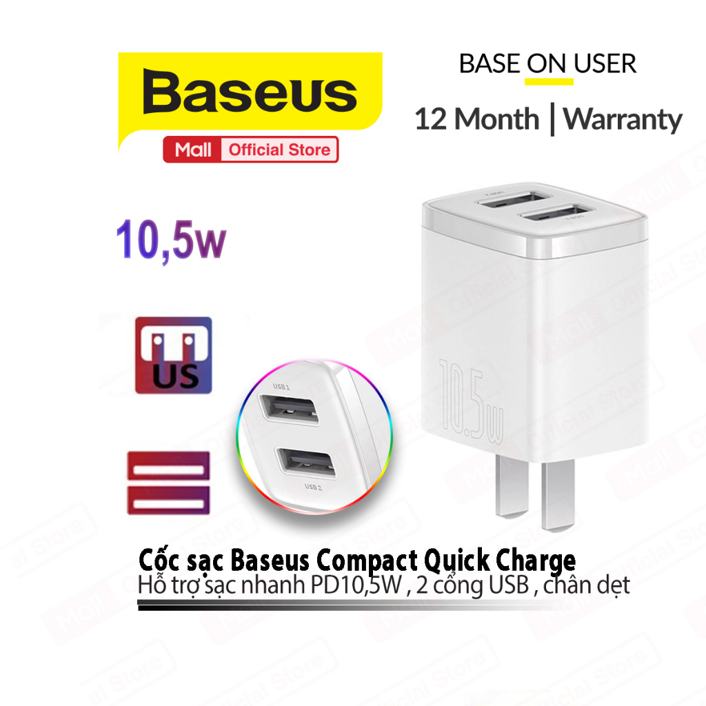 Củ sạc 2 cổng USB Baseus Compact sạc nhanh 2.1A/10.5W chân cắm EU ( TRẮNG ) | Shopee Việt Nam