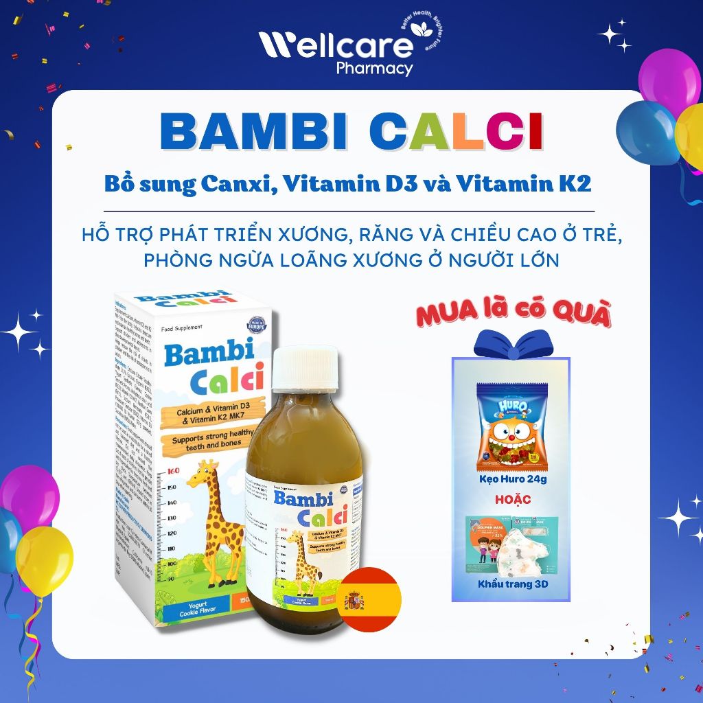 Bambi Calci [Chính hãng] - Chai 150ML bổ sung Canxi+D3+K2 MK7 giúp bé cao lớn, khung xương chắc ...