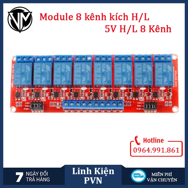 Module Relay 5V/12V 8 kênh có cách ly opto, tùy chọn mức kích High/Low ...